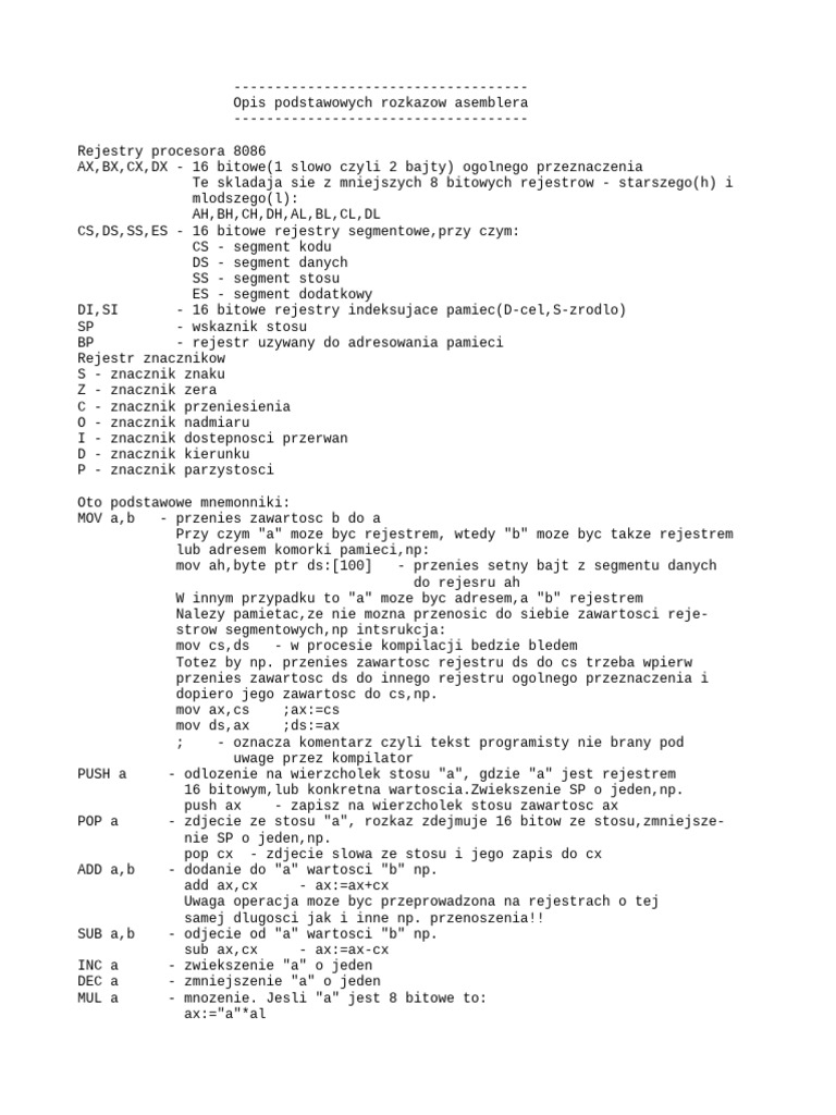 ASEMBLER Opis Podstawowych Rozkazow Asemblera | PDF