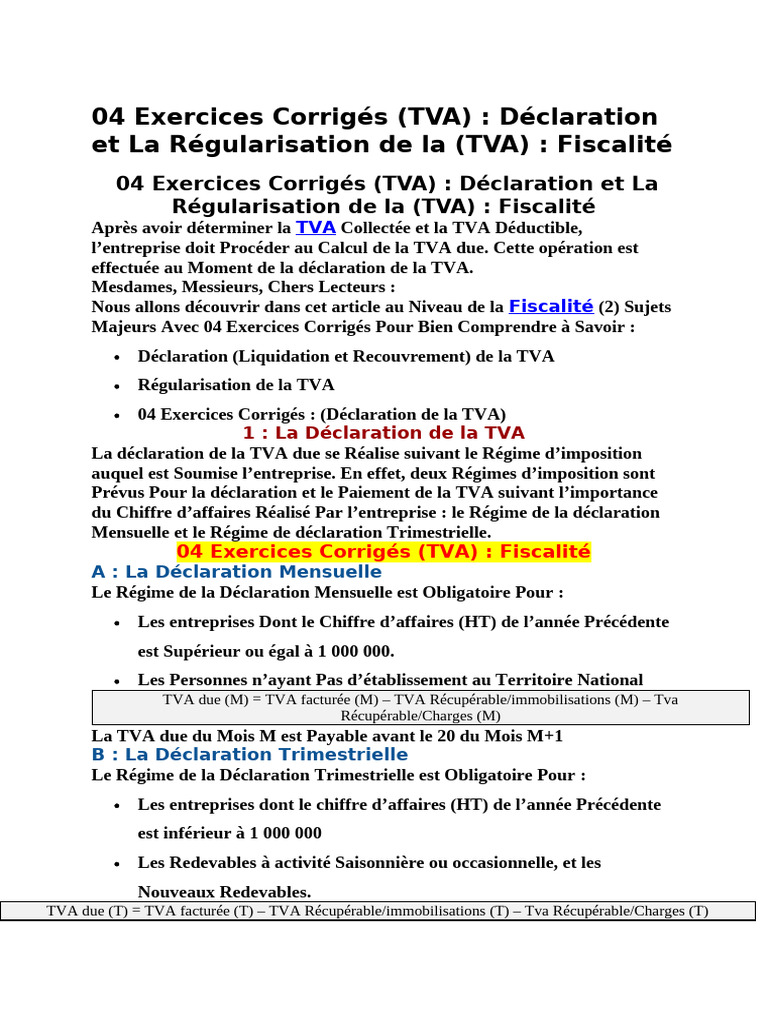 04 Exercices Corrigés (TVA) : Déclaration Et La Régularisation de La ...