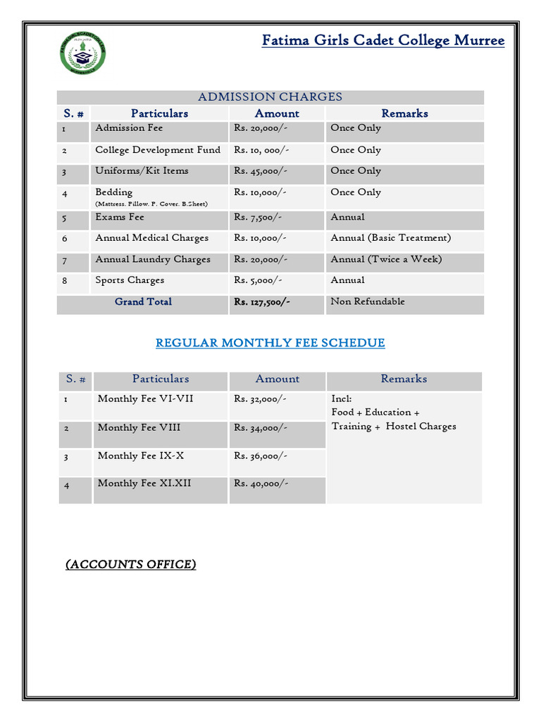 Fatima Cadet College Murree Fee Structure | PDF