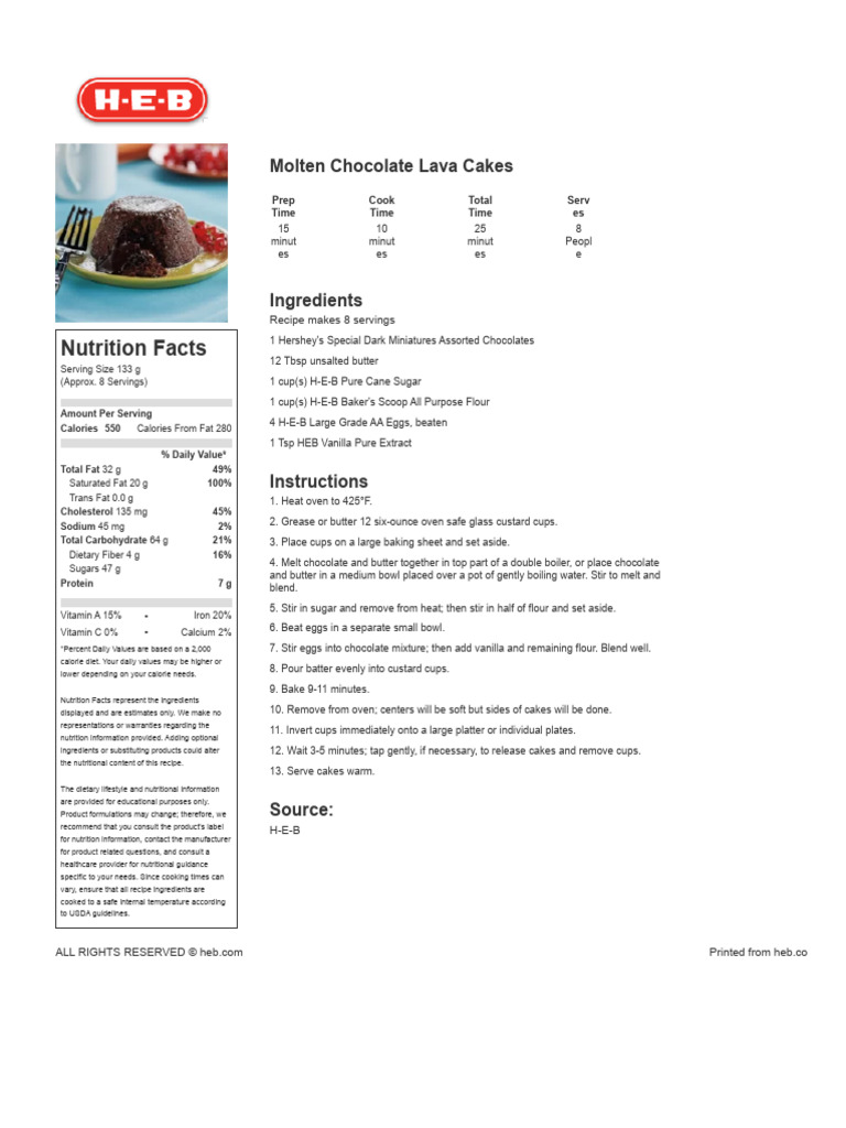 molten chocolate lava cakes recipe | PDF | Fat | Nutrition Facts Label