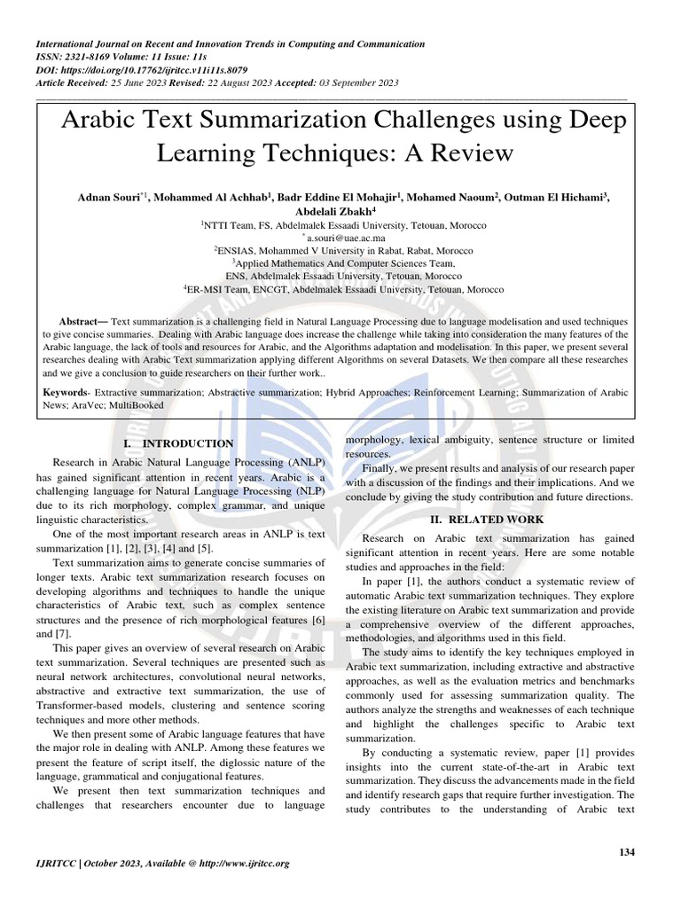 Arabic Text Summarization Challenges Usi | PDF | Grammatical Number | Grammatical Gender