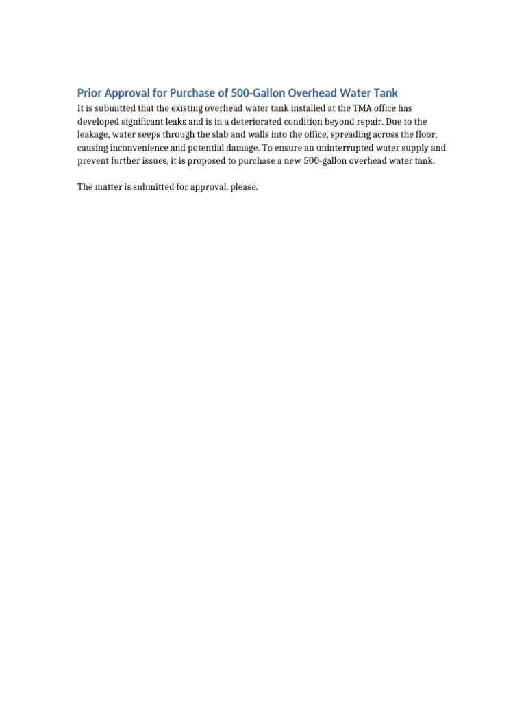 Approval Request for 500-Gallon Water Tank | PDF