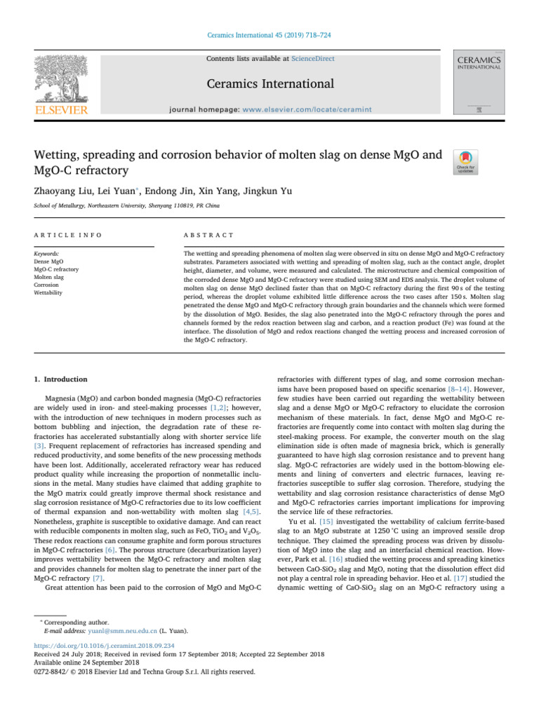 Wetting, Spreading and Corrosion Behavior of Molten Slag On Dense MgO ...