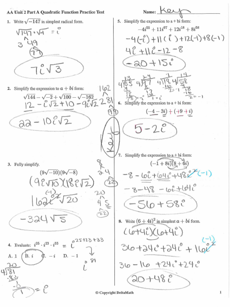 HAA Unit 2 (Quadratics) Practice Test Key (S2025) | PDF