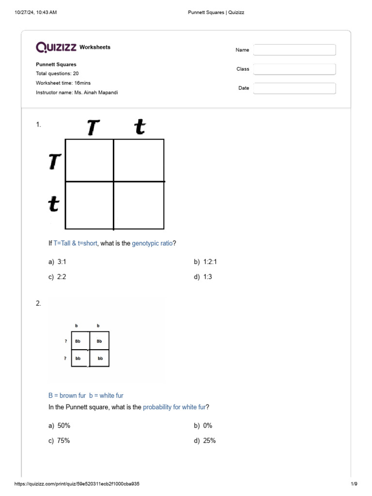 Punnett Squares - Quizizz | PDF | Genotype | Dominance (Genetics)