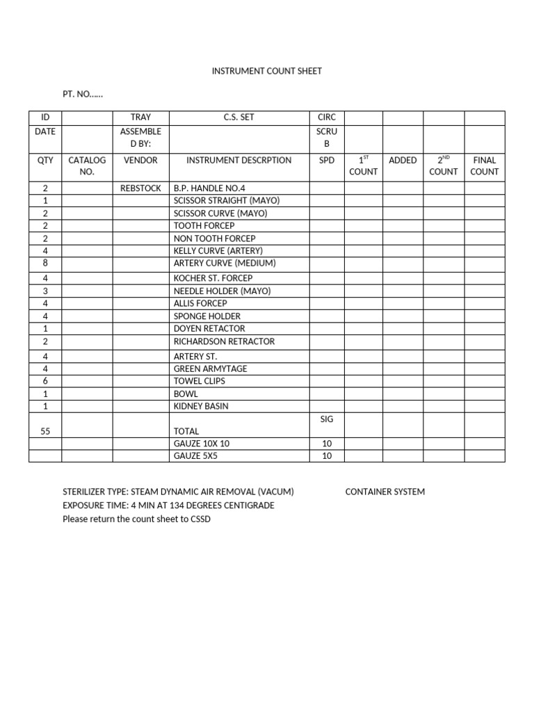 Instrument Count Sheet | PDF | Medical Equipment | Surgical Specialties