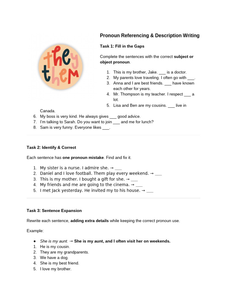 Pronoun Referencing & Description Writing | PDF