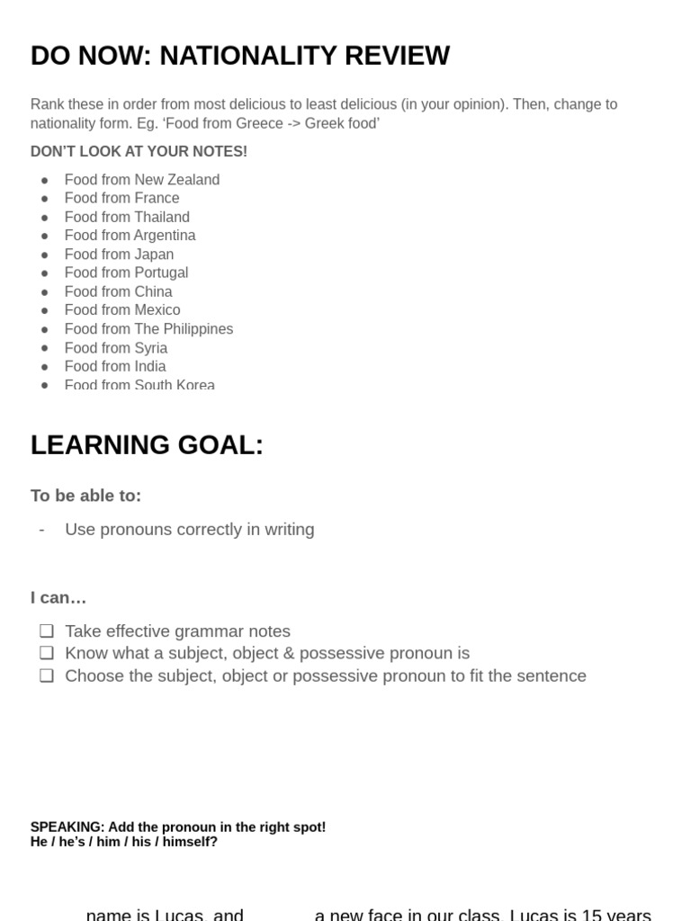 Pronouns Thursday Lesson | PDF | Pronoun | Subject (Grammar)