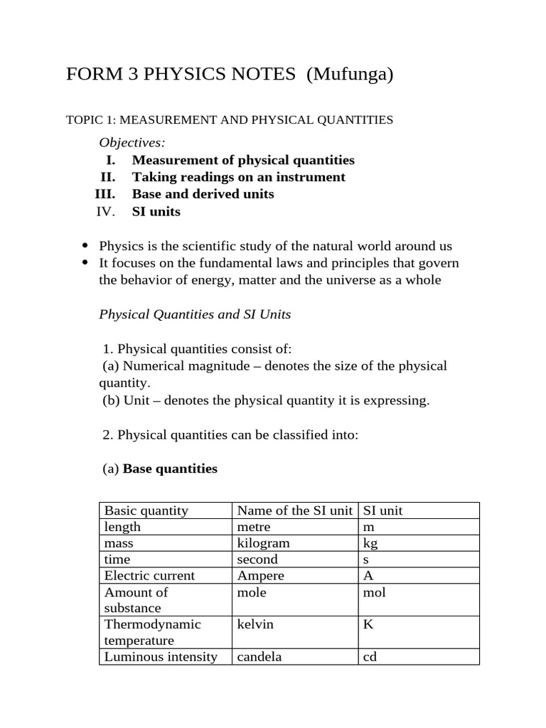 Form 3 Physics Notes Topic 1 | PDF | International System Of Units ...