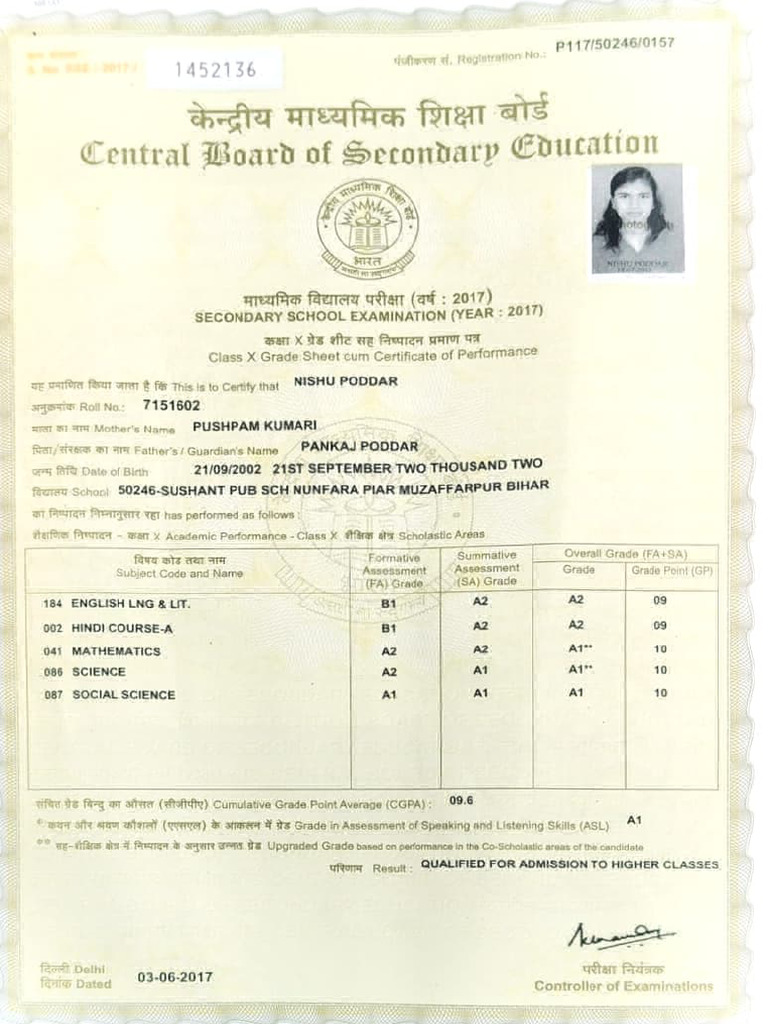 Class X Grade Sheet - 2017 Certificate | PDF | Schools | Educational Stages