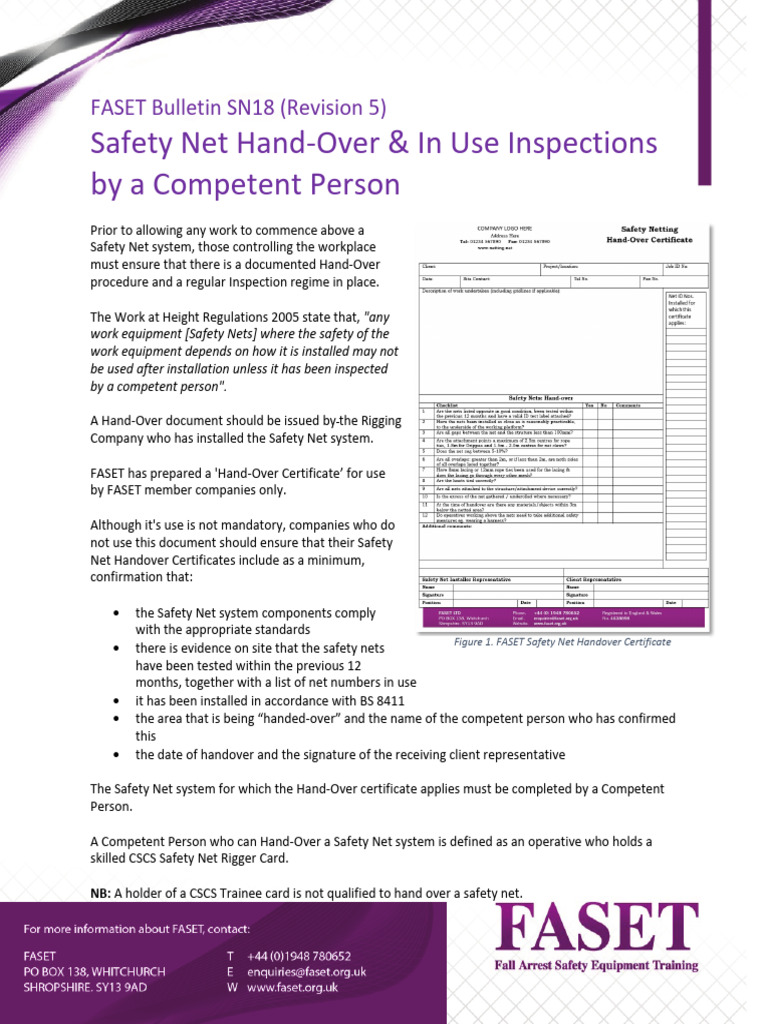 FASET SN 18 Safety Net Hand Over in Use Inspections by A Competent ...