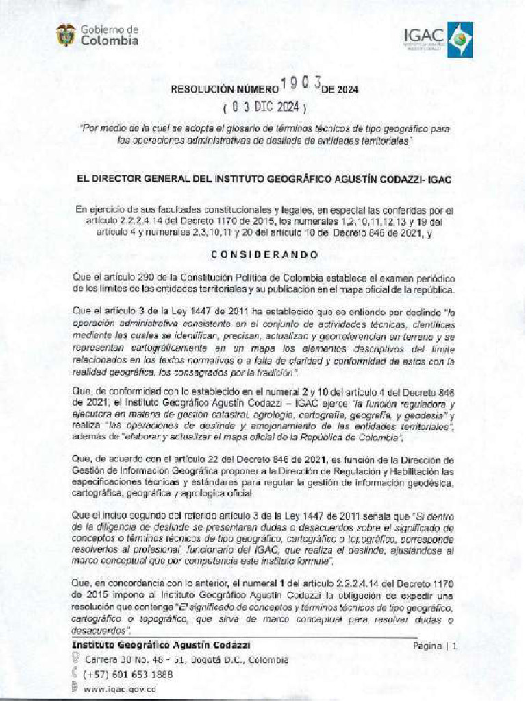 Resolucion 1903 de 2024 Glosario de Términos Técnicos Igac | PDF