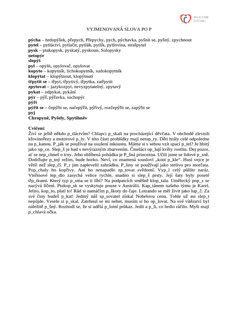 Vyjmenovaná Slova Po P | PDF