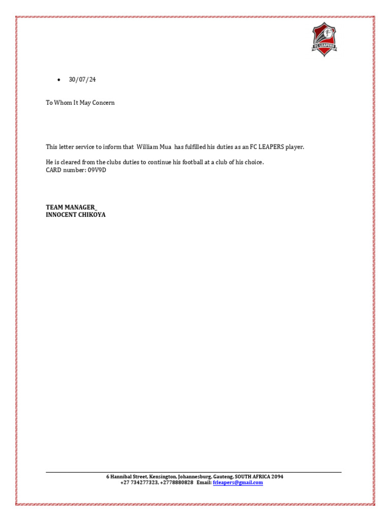 Football Club Clearance Notice | PDF