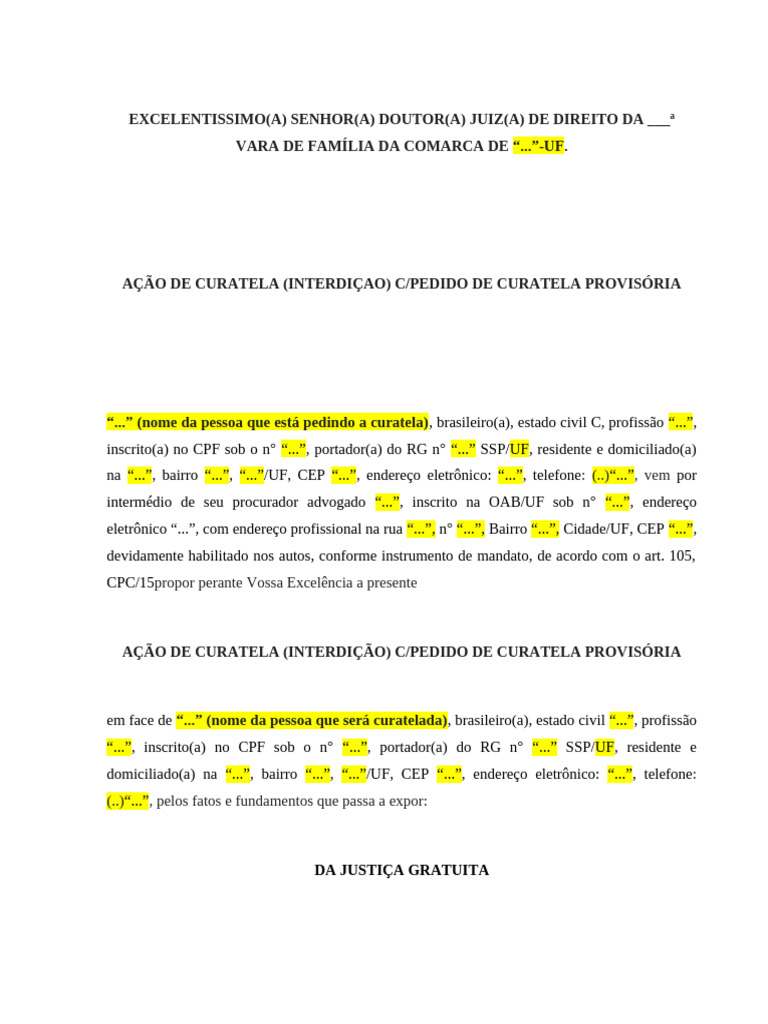 Ação de Curatela e Interdição Provisória | PDF | Justiça | Crime e ...