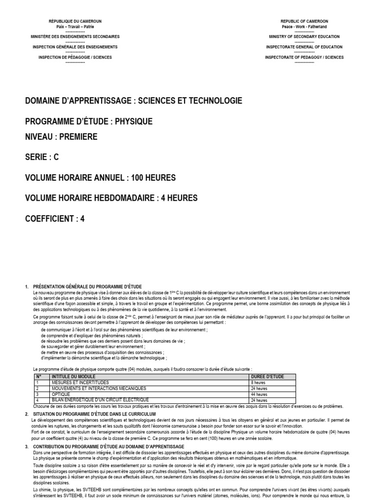 Programme de Physique Première C au Cameroun | PDF | Lumière | Chaleur
