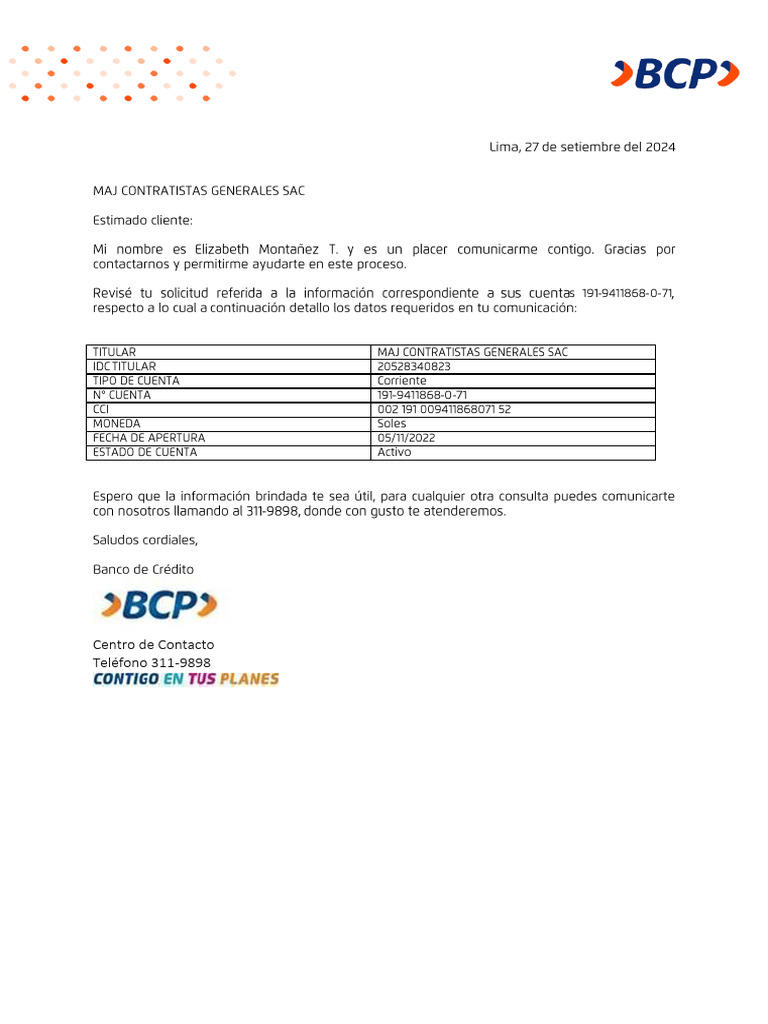 Certificado de Cuenta Soles Maj Contratistas Generales Sac | PDF