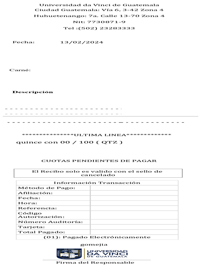 Recibo de Pago Parqueo Universidad Da Vinci | PDF