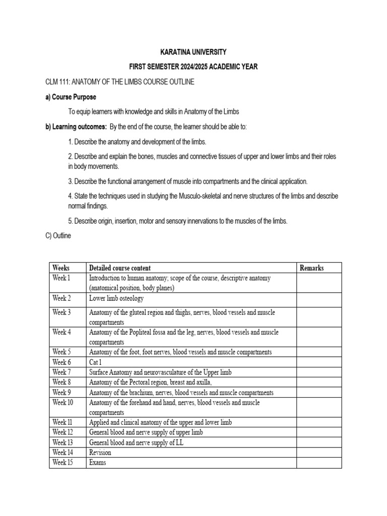 Karu Course Outline Limbs 2024 | PDF | Human Leg | Anatomy