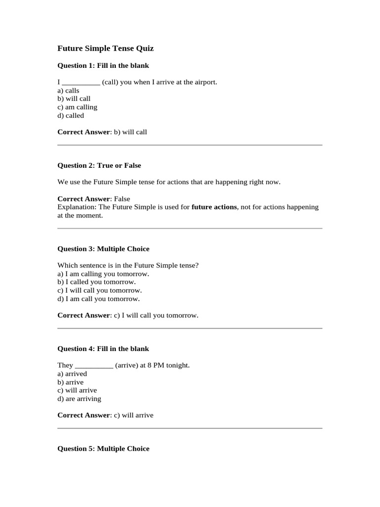Future Simple Tense Quiz | PDF | Grammar | Linguistics