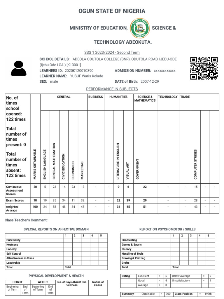 OGSERA - Student Reportsheet | PDF | Learning
