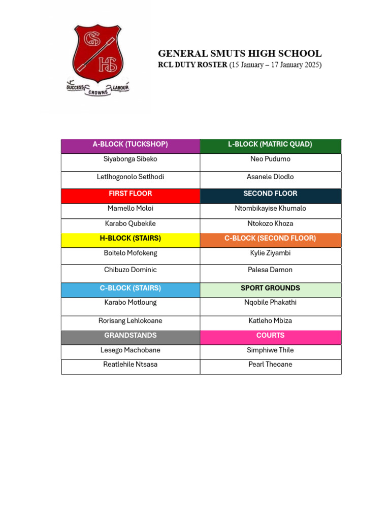 General Smuts High School Duty Roster 2025 | PDF