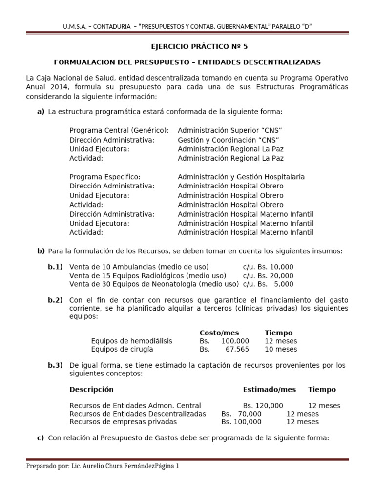 Ejercicio Practico #5 Form-2013 | PDF | Presupuesto | Hospital