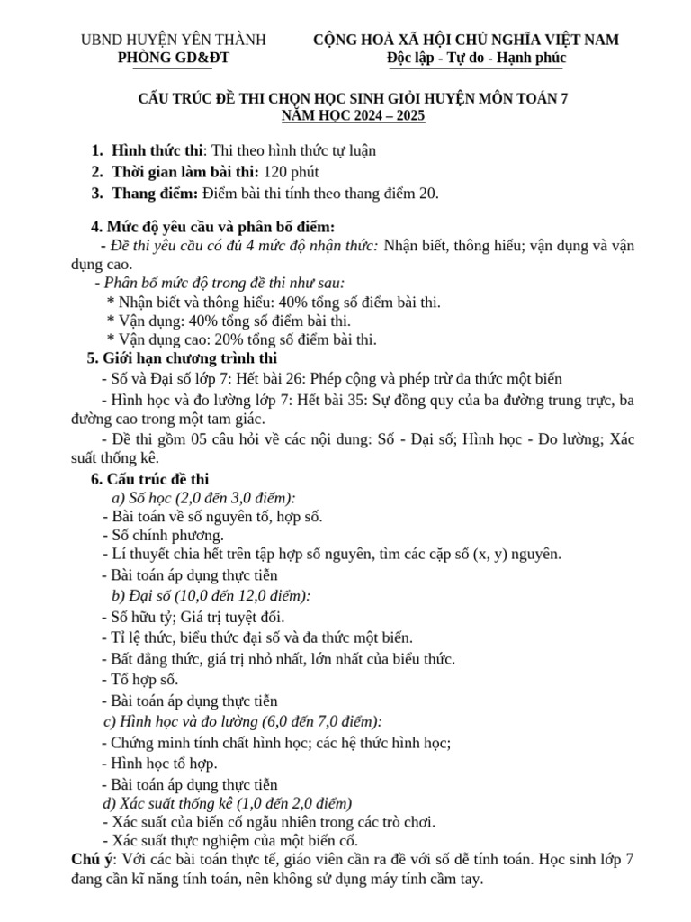 Cấu Trúc Đề Thi Kscl Hsg Toán 7 Năm Học 2024 - 2025 | PDF