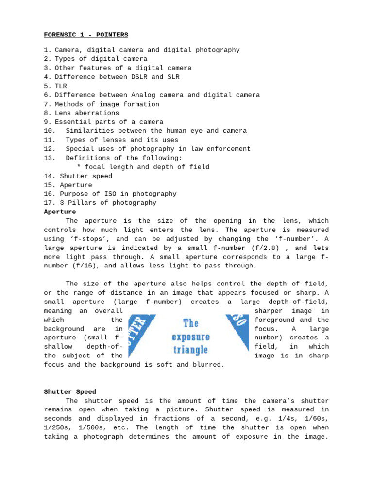 Forensic 1 and 2 Pointers 2023 | PDF | Shutter Speed | Film Speed