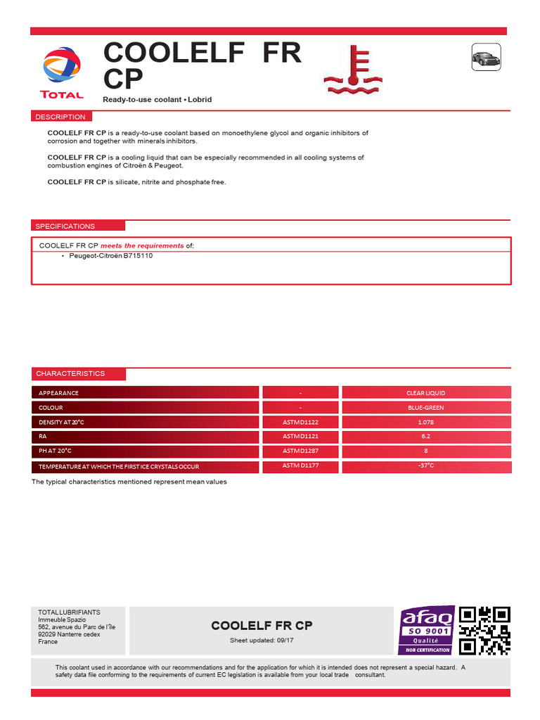 TDS Total Coolelf-Fr-Cp Eh3 en | PDF | Coolant | Materials