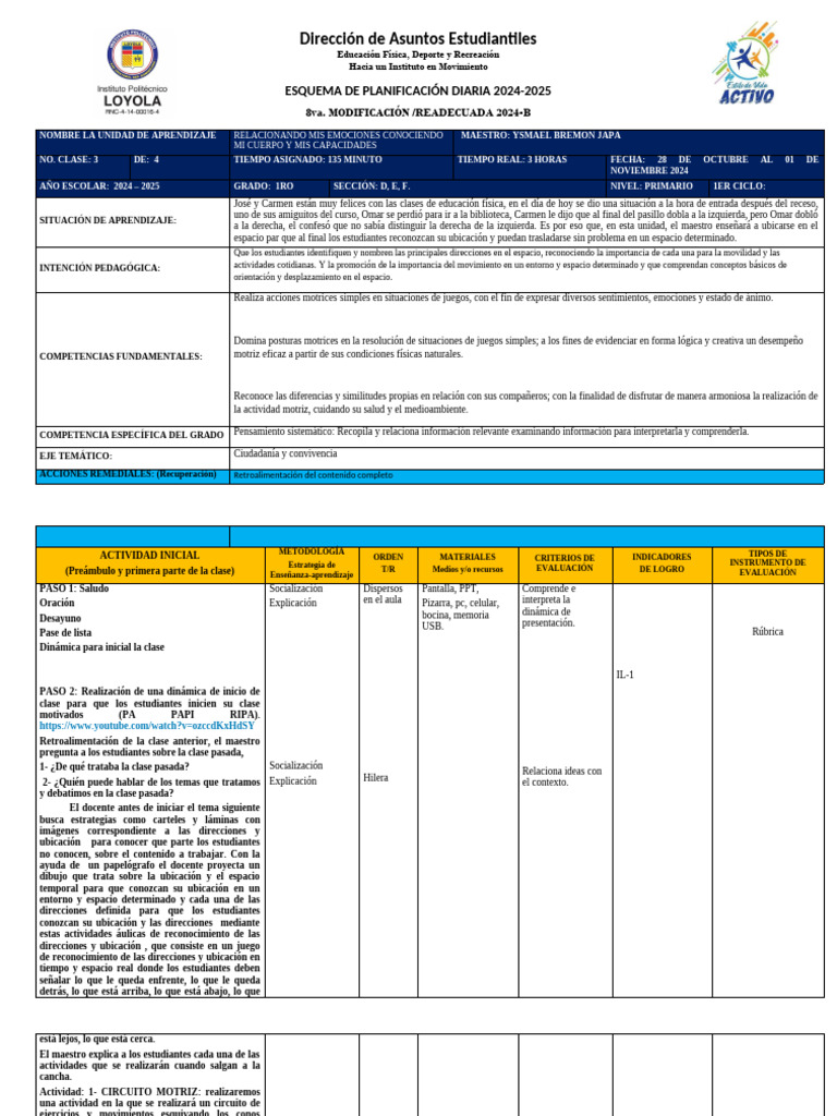 S-3 Plan Diario de Clase Ef-24-25-B Primer Grado 3ra Semana Unidad 2 | PDF | Las emociones
