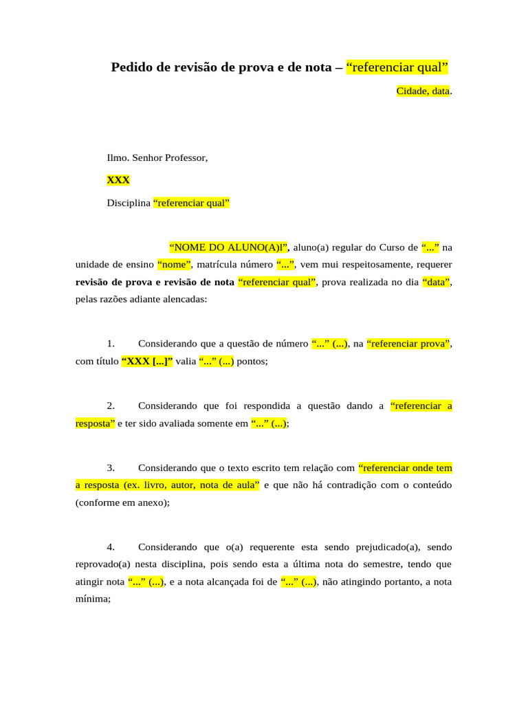 Modelo de Pedido de Revisão de Prova | PDF