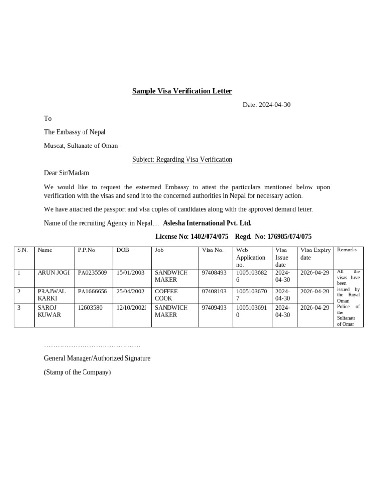 Visa Verification Request for Nepal Embassy | PDF | Travel Visa | Leisure