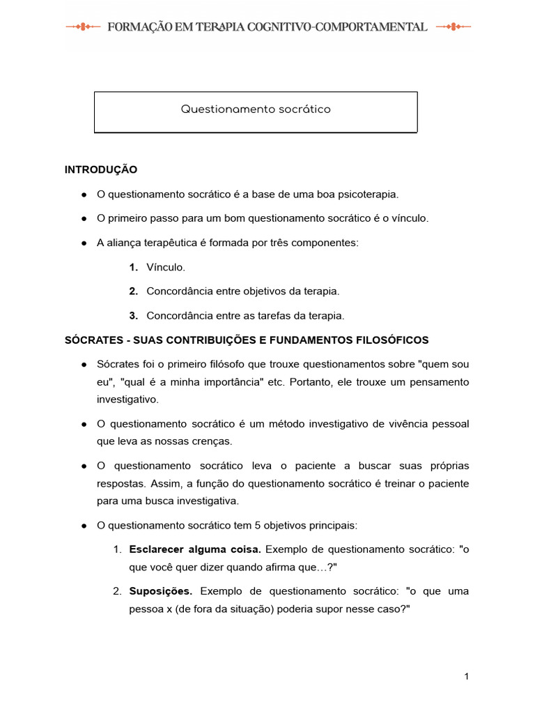 Questionamento Socrático na Terapia | PDF | Pensamento | Psicoterapia