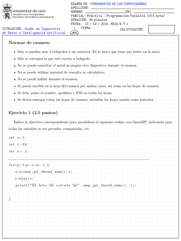 Examen de Programación Paralela | PDF | Arquitectura de Computadores | Informática