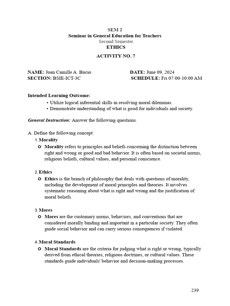 Written Activity No. 7 - Ethics | PDF | Justice | Crime & Violence