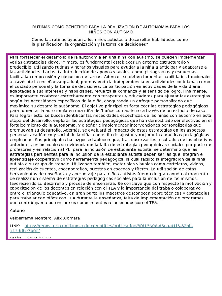 Rutinas Como Beneficio para La Realizacion de Autonomia para Los Niños ...
