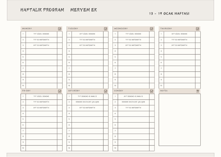 Meryem Haftalik Planlama | PDF
