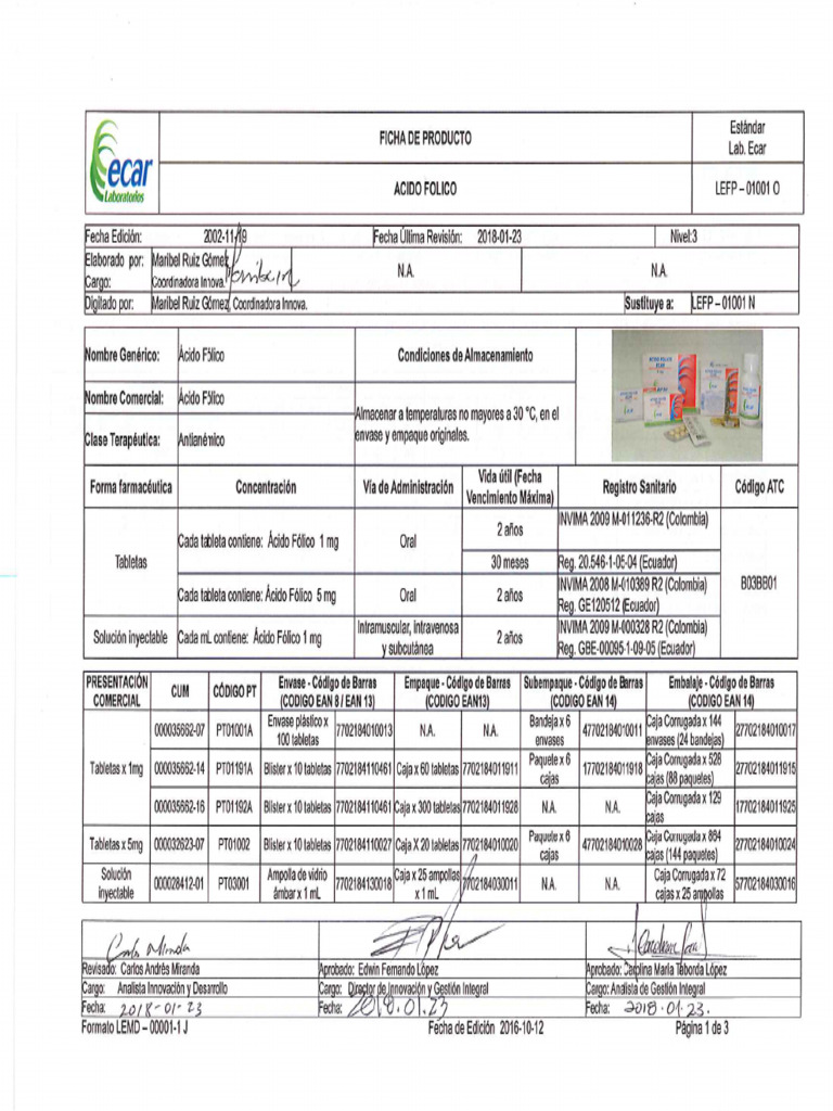 Ficha Técnica Acido Folico 1 MG Tab - Ecar | PDF