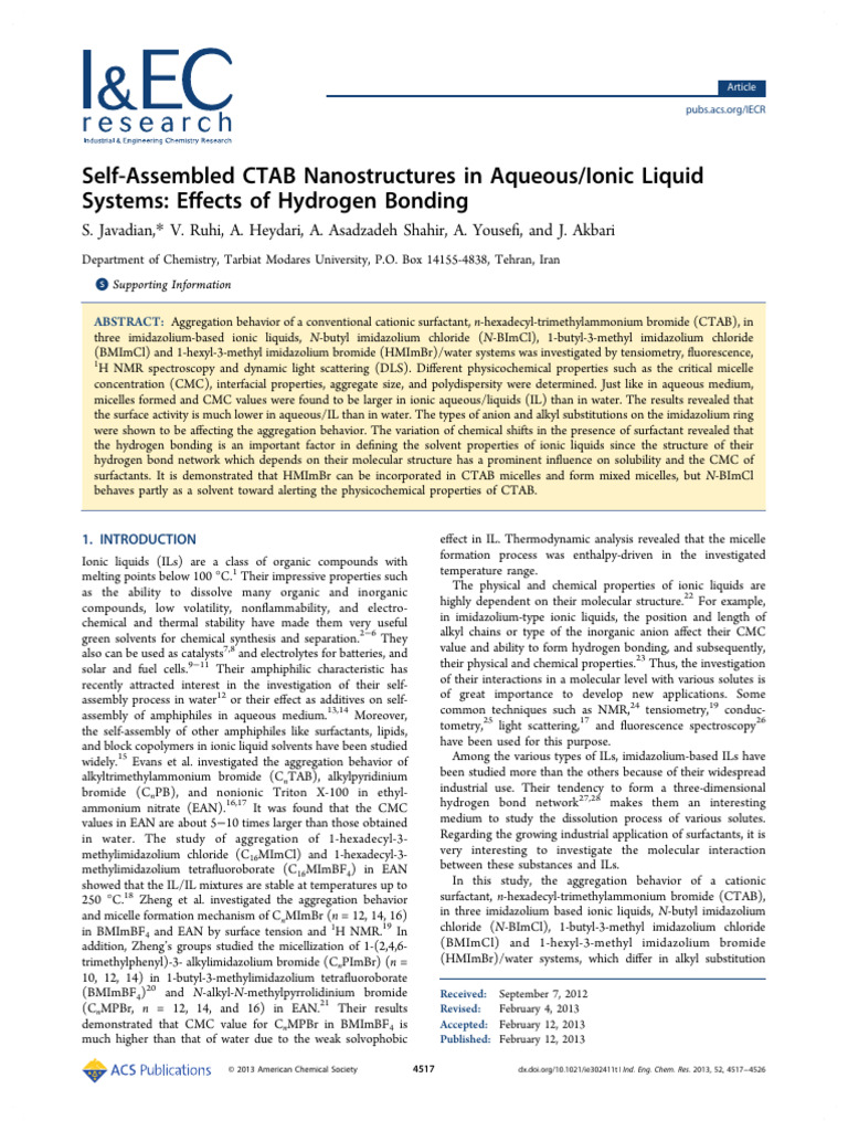 CTAB Nanostructures in Ionic Liquids | PDF | Salt (Chemistry ...