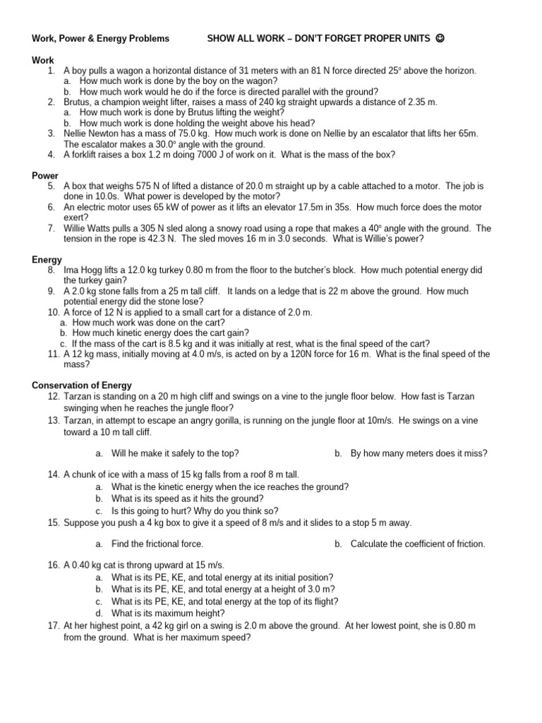 HW - Work Power Energy Problems | PDF | Force | Mass