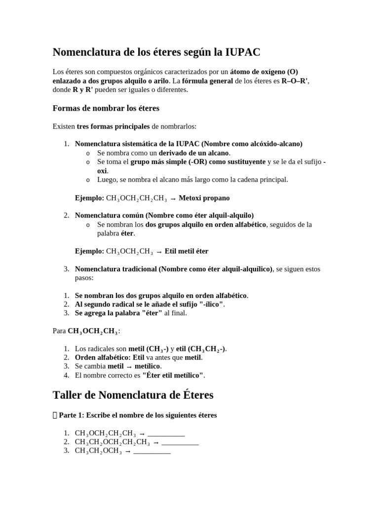 Nomenclatura de Éteres IUPAC y Usos | PDF | Éter | Química Orgánica