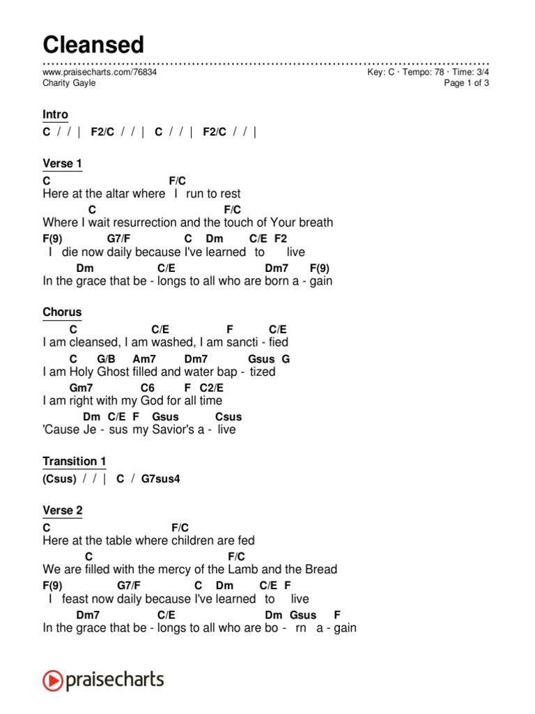 Cleansed (Charity Gayle) Chord Chart - C - 1 Column Layout | PDF