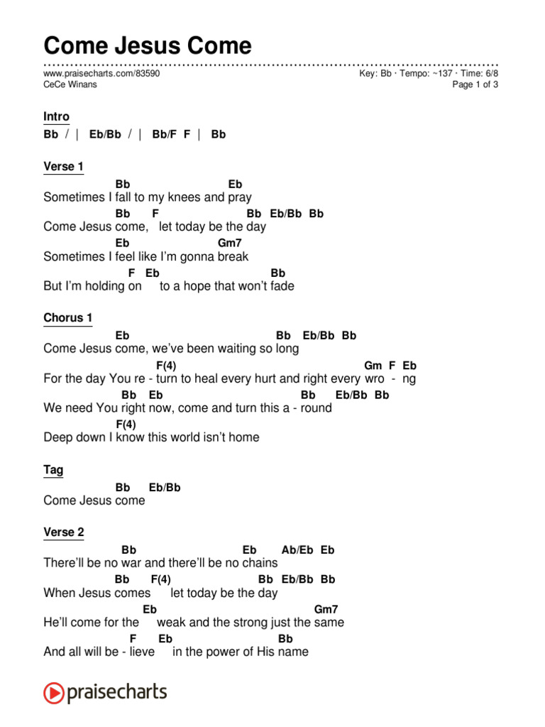 Come Jesus Come (CeCe Winans) Chord Chart - BB - 1 Column Layout | PDF ...