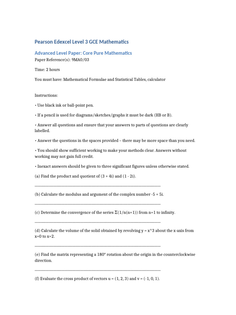 Edexcel Core Pure Mathematics Final Exam | PDF
