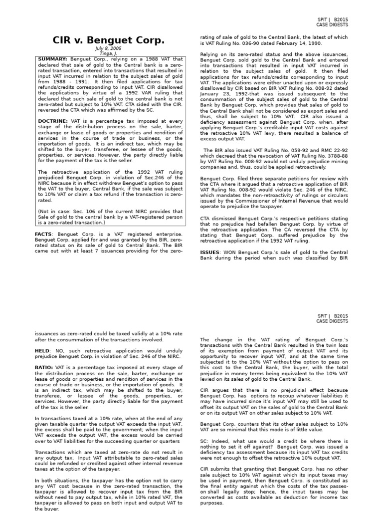 Toaz - Info Spit Cir V Benguet Corp PR | PDF | Value Added Tax | Taxes