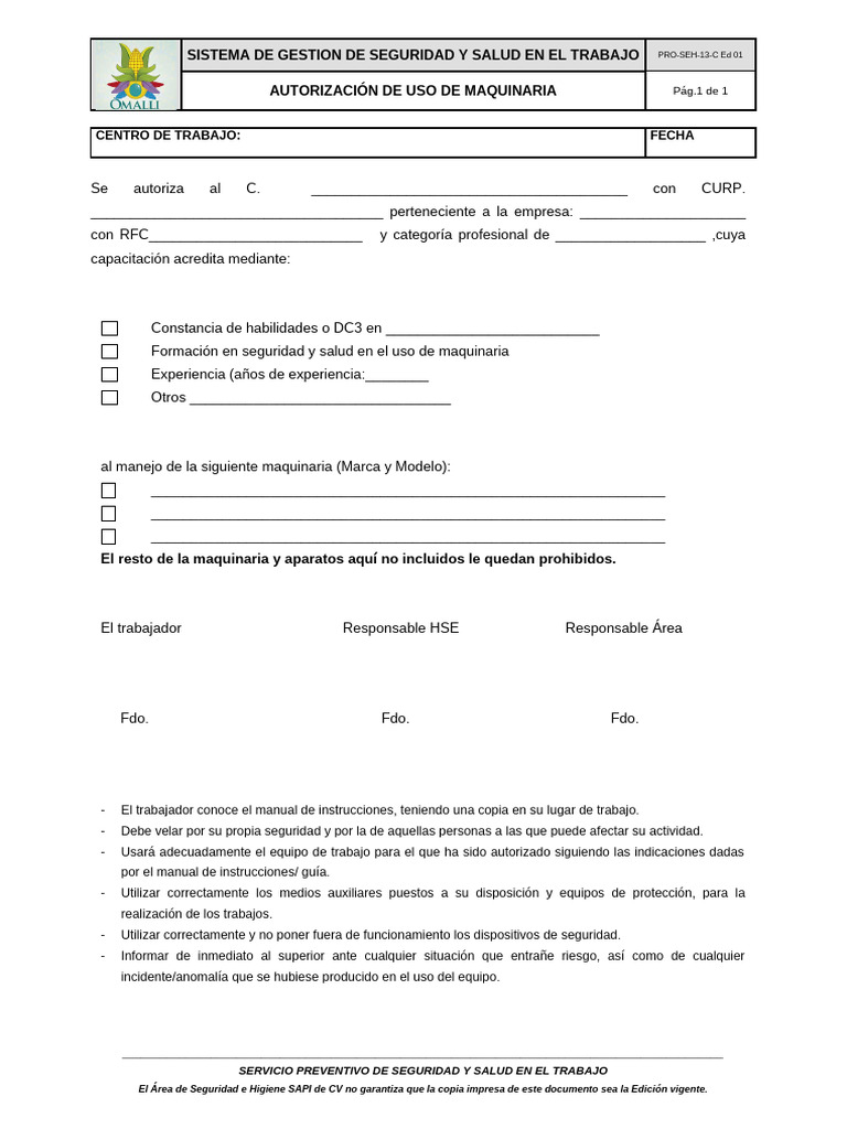 PRO-SEH-07-C Autorizacion Uso Maquinaria Ed.01 | PDF