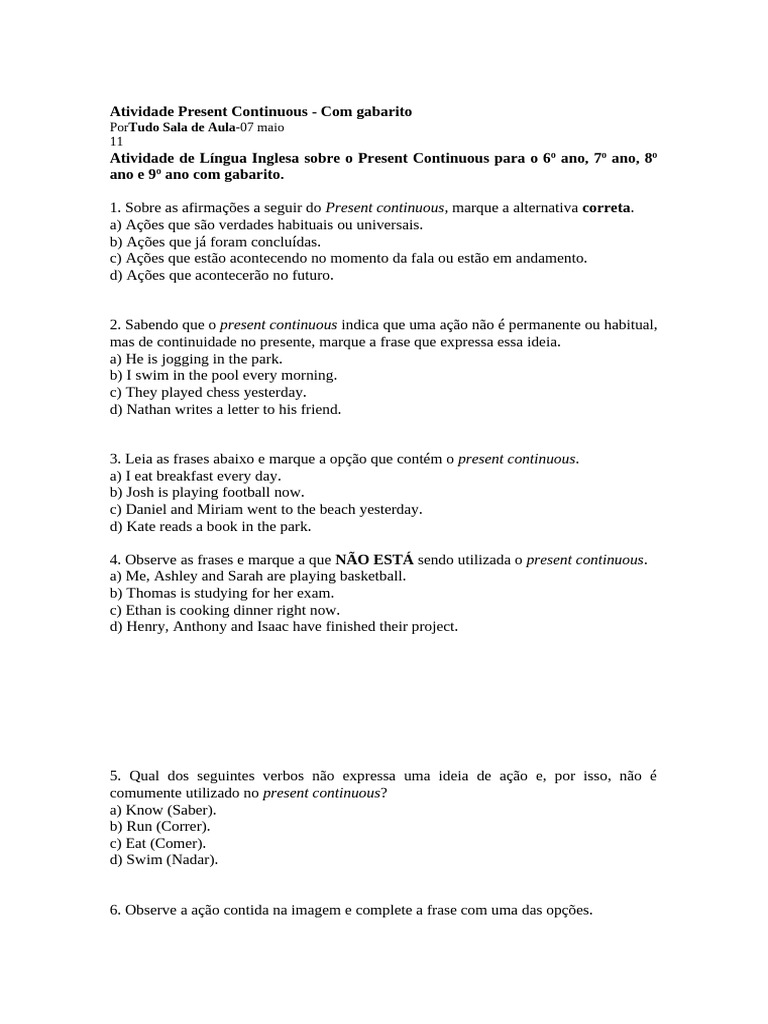 Atividade de Present Continuous com Gabarito | PDF
