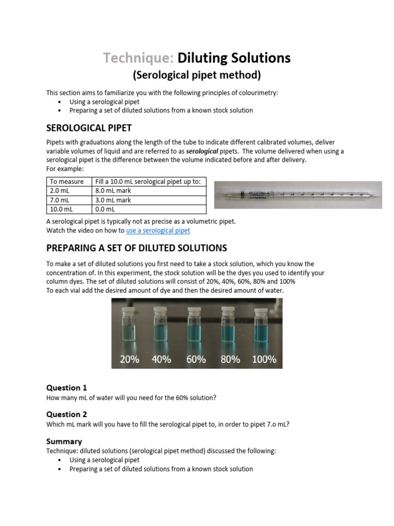 Diluting Solutions with Serological Pipets | PDF