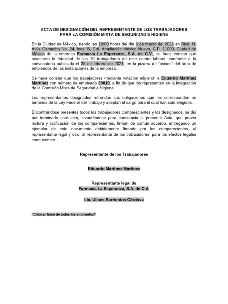 acta-de-designacion-del-representante-de-los-trabajadores | PDF
